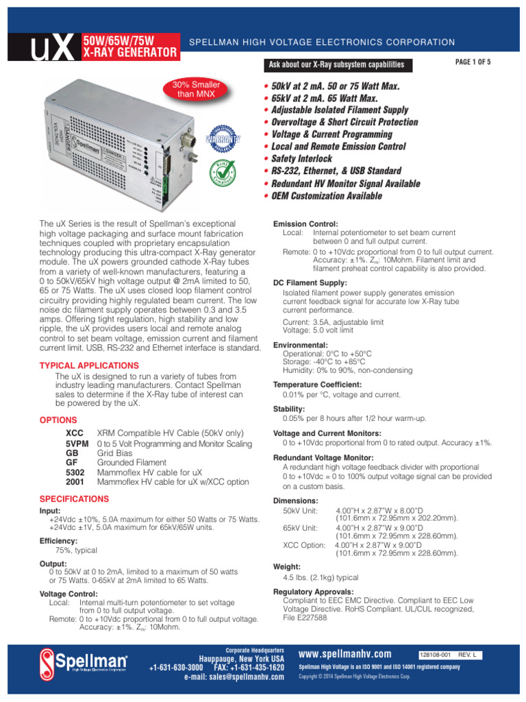 50W/65W/75W X-Ray Generator: Spellman High Voltage Electronics ...