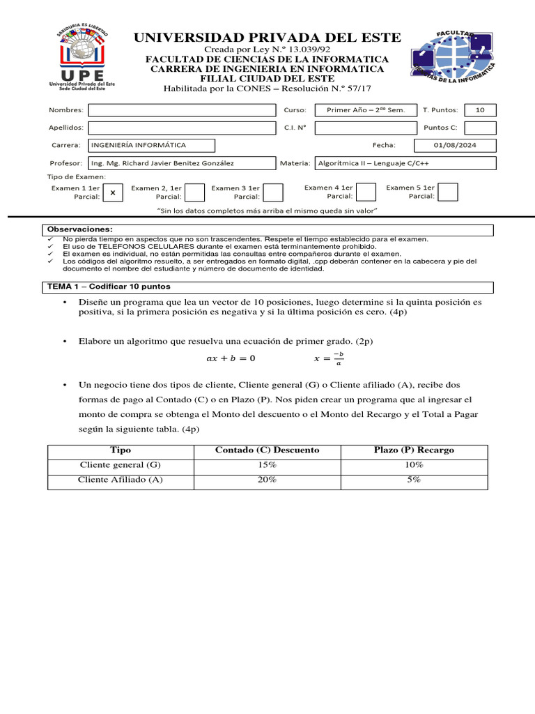 Examen 1 Primer Parcial Pdf Programación De Computadoras