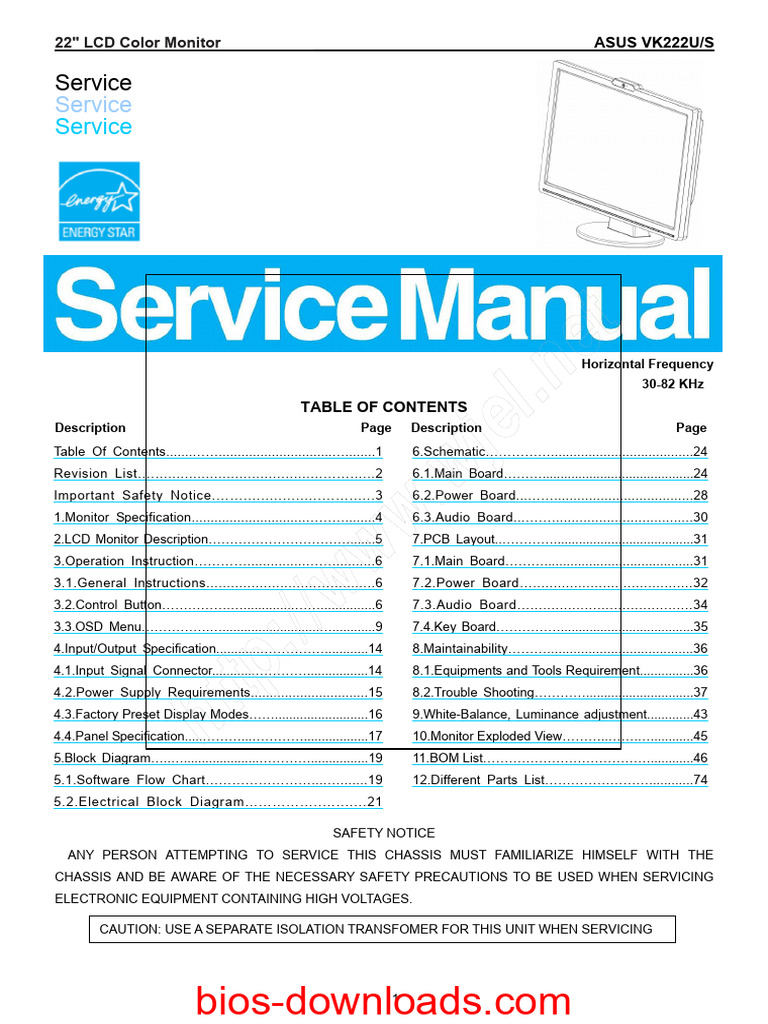 Asus Vk222u-Si Schematic | PDF | Computer Monitor | Electricity