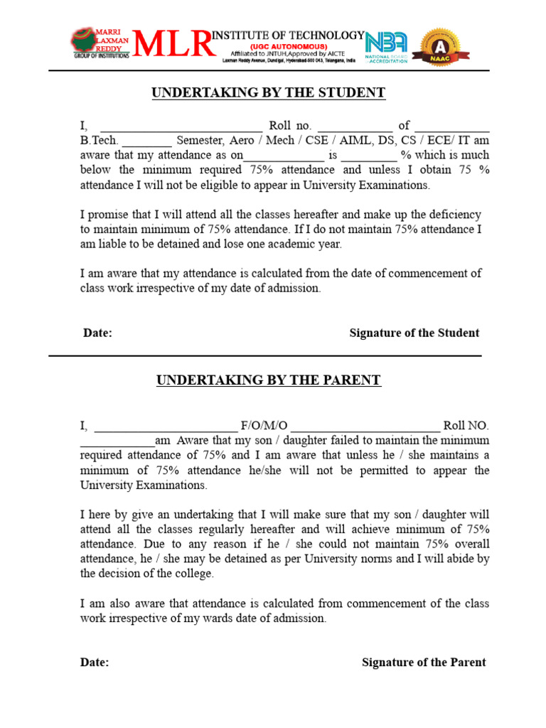 UNDERTAKING (Student Attendance) FORM Format | PDF