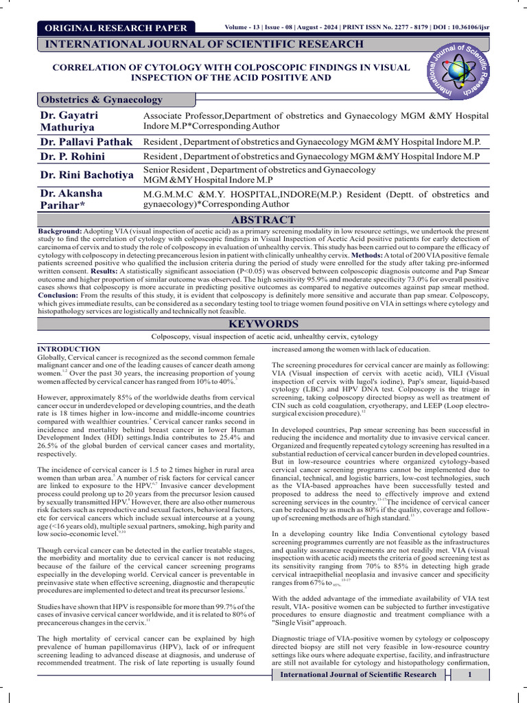 Correlation of Cytology With Colposcopic Findings in Via Positive ...