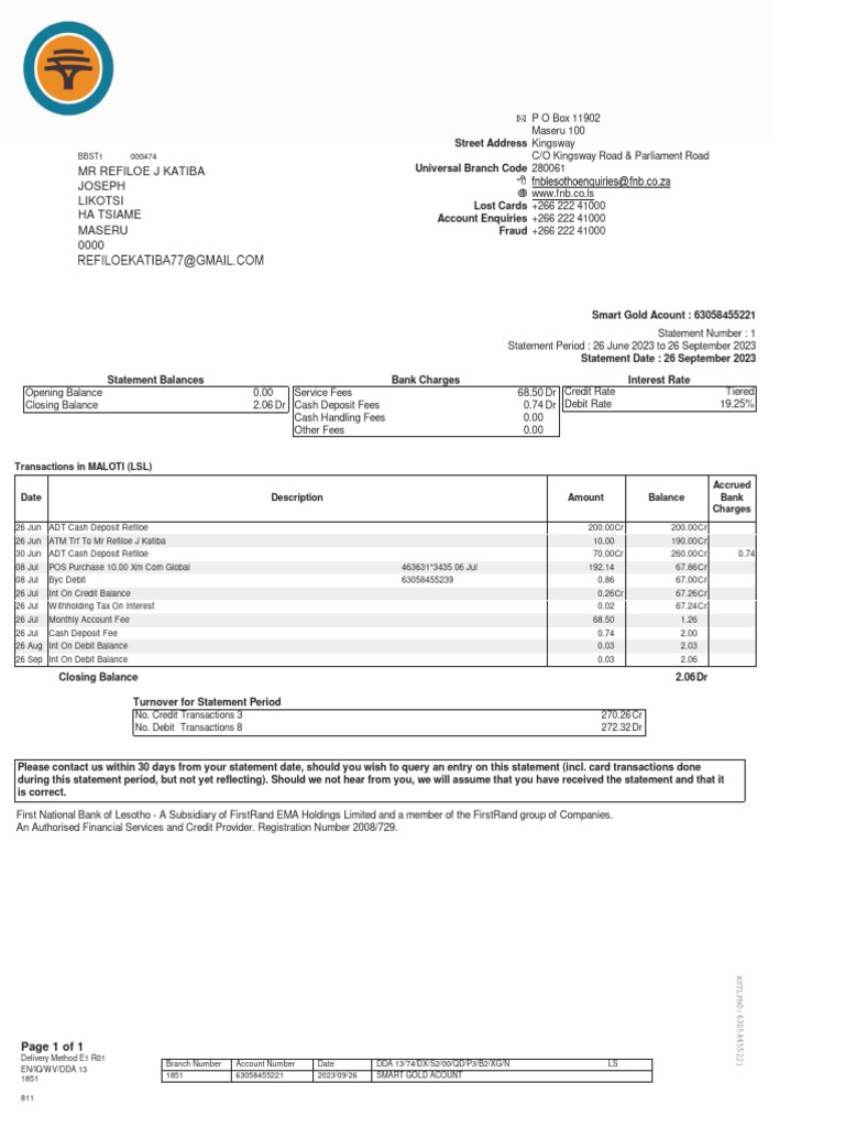 MR Refiloe J Katiba Joseph Likotsi Ha Tsiame Maseru 0000: Bbst1 000474 | PDF