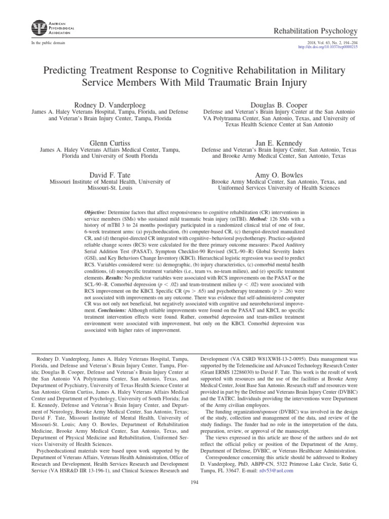 2018 - Predicting Treatment Response To Cognitive Rehabilitation | PDF ...