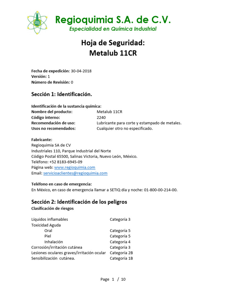 Hoja de Seguridad: Metalub 11CR | PDF | Química