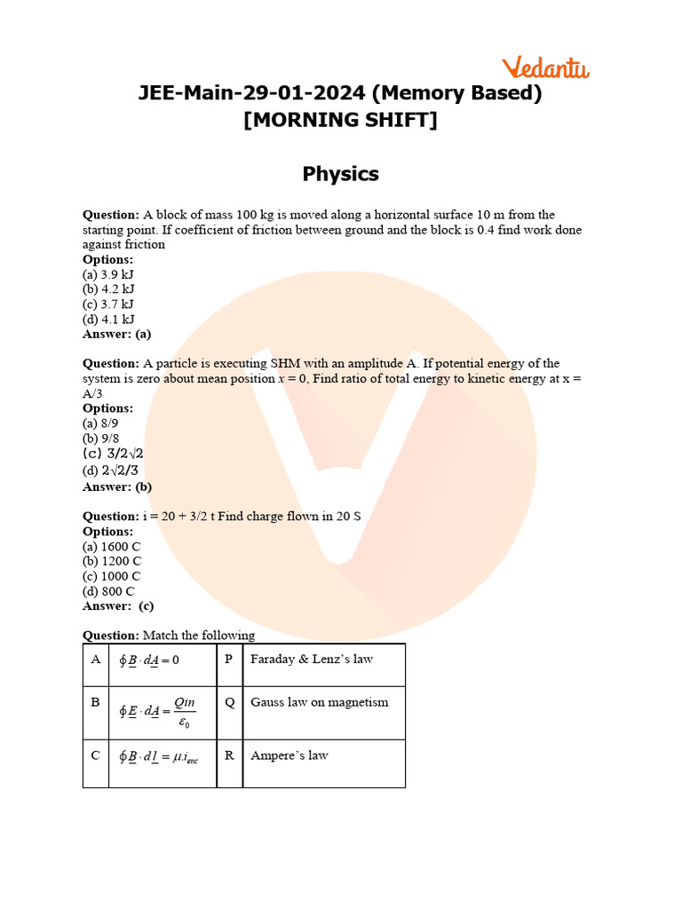 Jee Main 2024 January 29 Shift 1 Physics Question Paper With