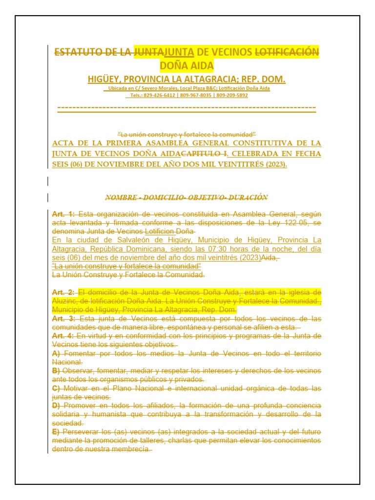 Estatuto Junta de Vecinos Doña Aida | PDF | Votación | Elecciones