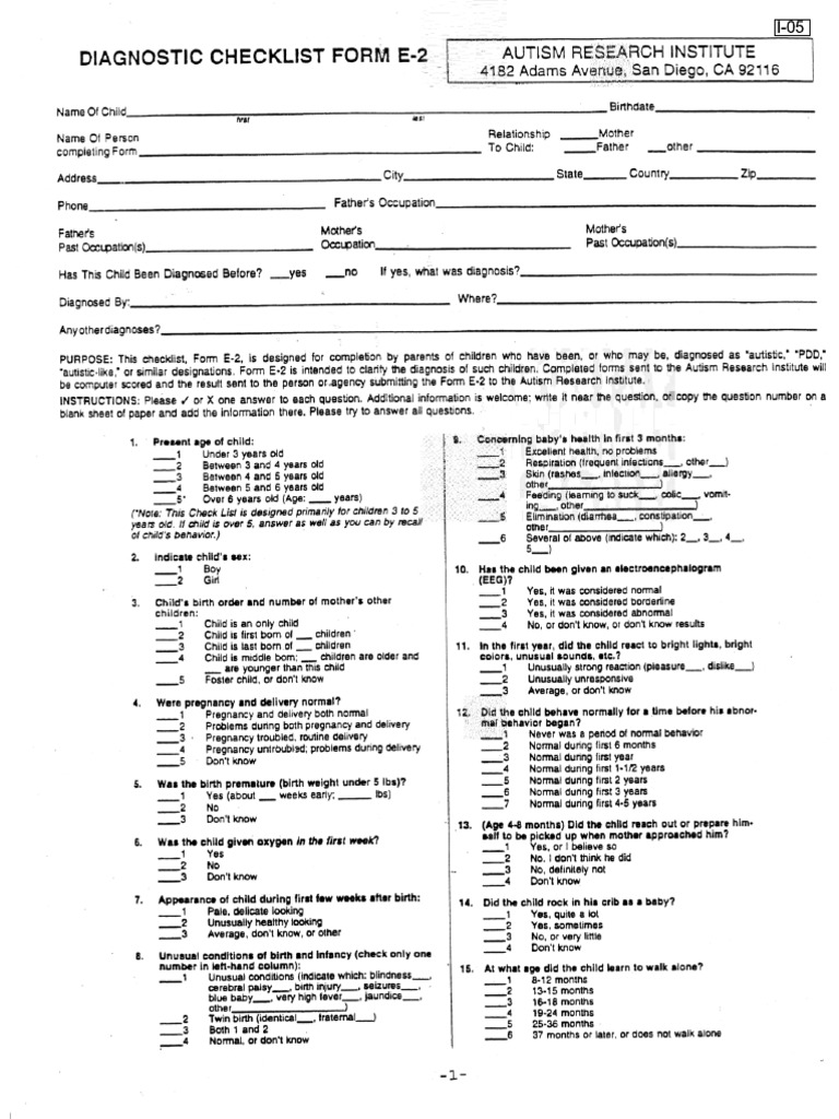 Diagnostic Checklist Form E-2 for Autism | PDF
