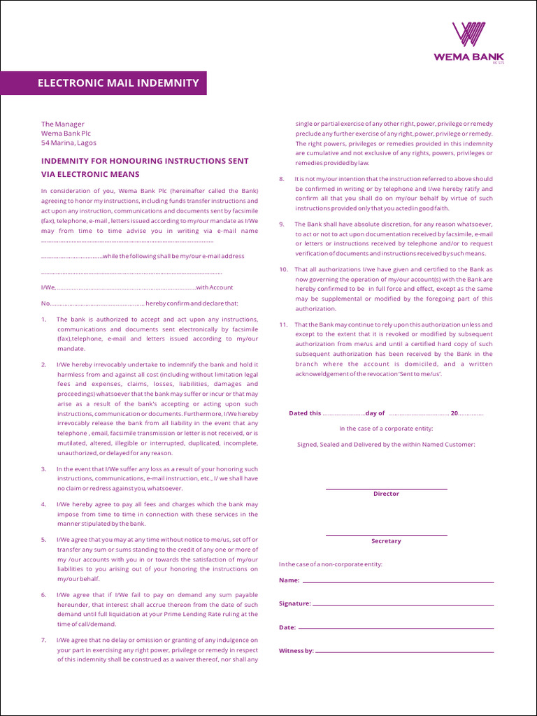 Electronic Indemnity for Wema Bank | PDF | Fax | Banks