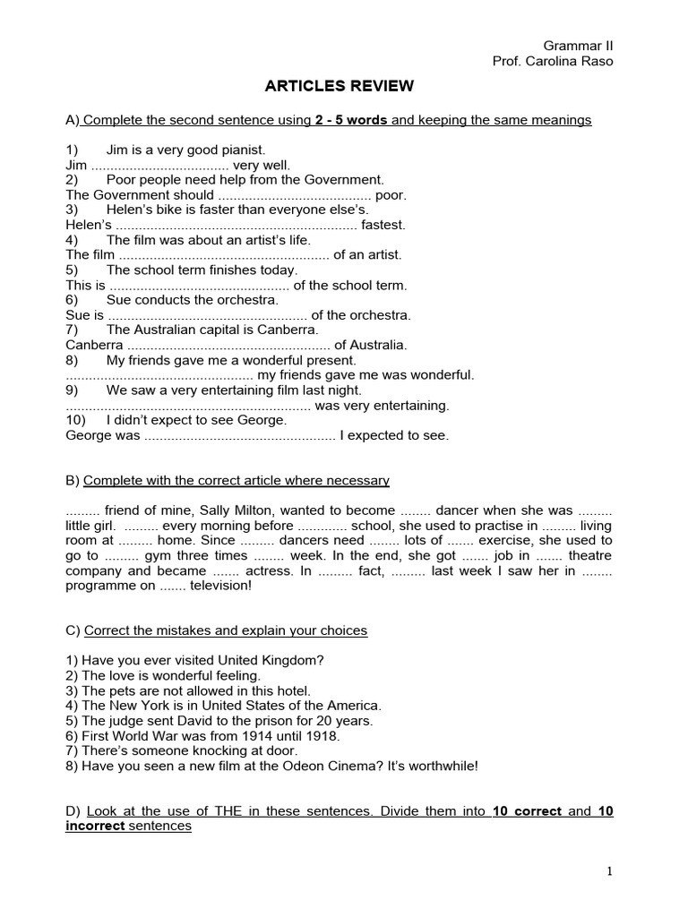 Grammar II: Articles and Tenses Review | PDF | Language Arts & Discipline