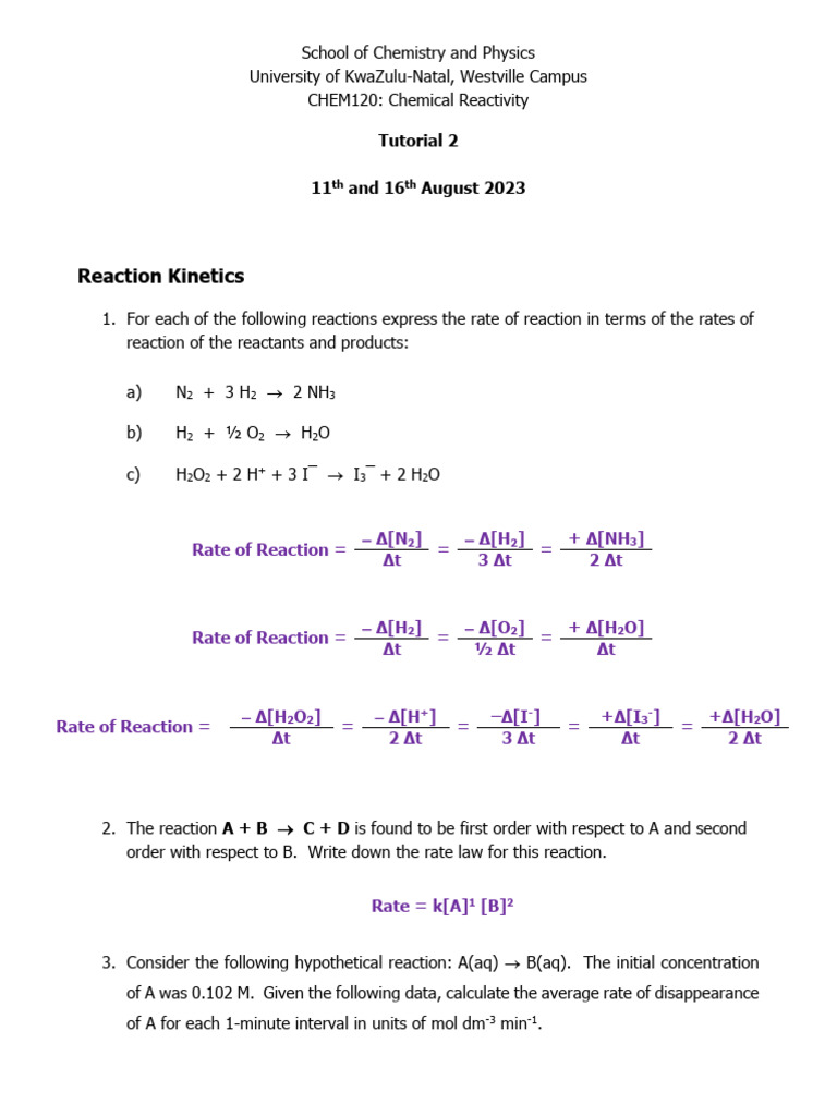 CHEM120 Tut2 (Kinetics) Solutions 2023 | PDF | Reaction Rate | Chemical ...