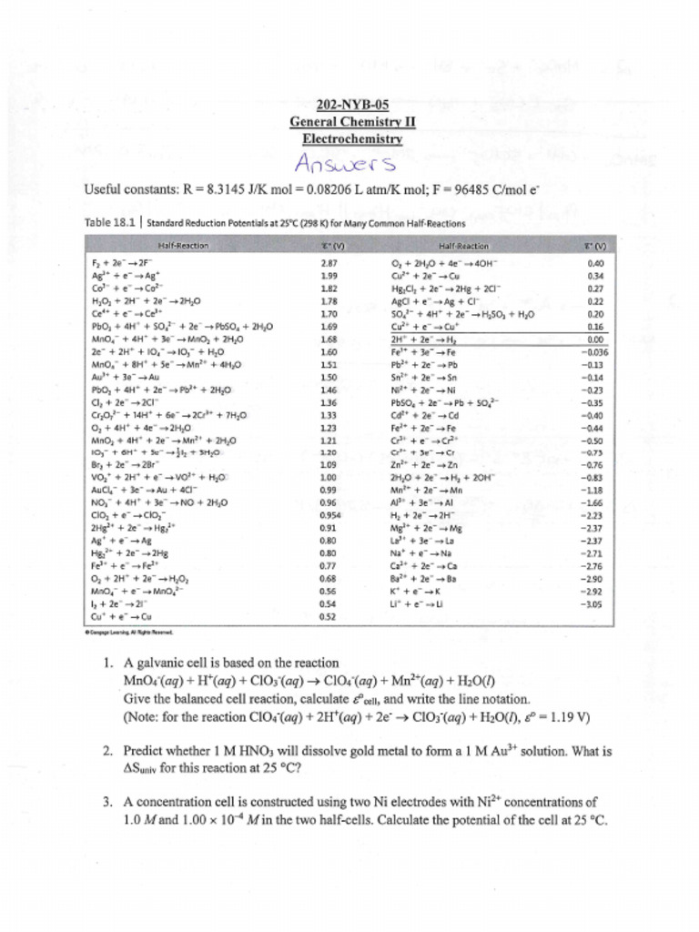 Electrochemistry Handout W Solutions | PDF