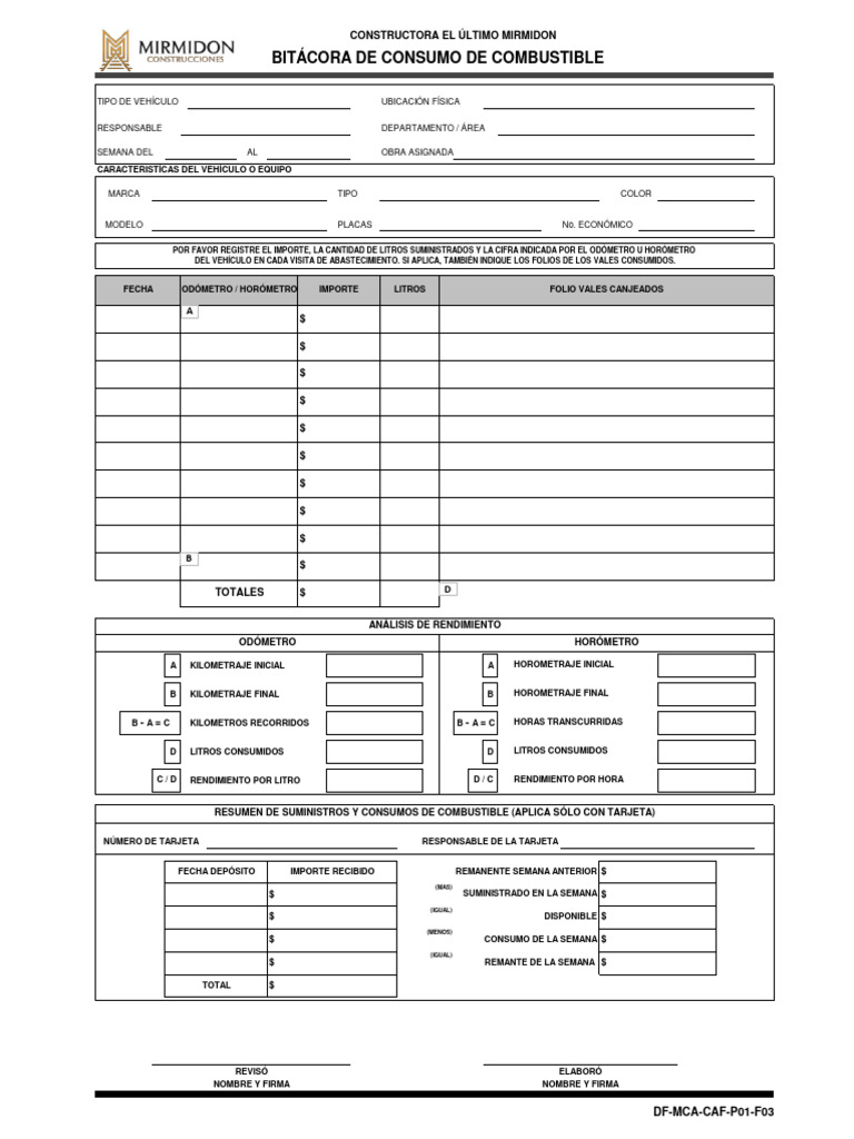(DF-MCA-CAF-P01-F03) Bitácora de Consumo de Combustible | PDF ...