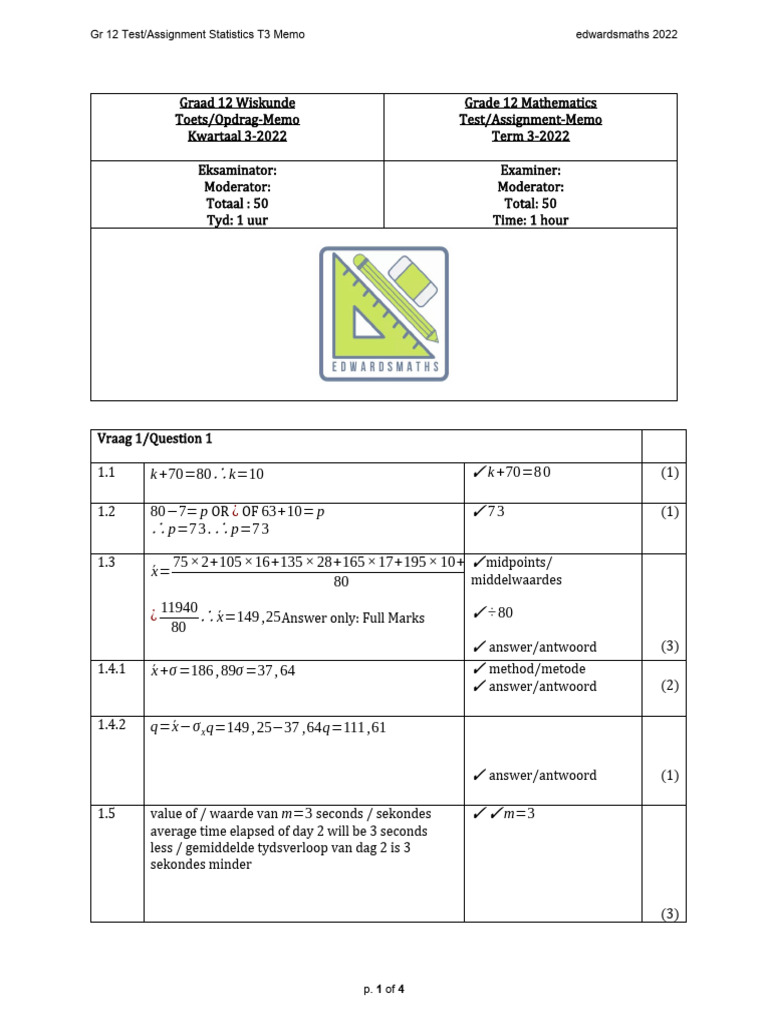 GR 12 Edwardsmaths Test or Assignment Statistics T3 2022 Memo | PDF ...
