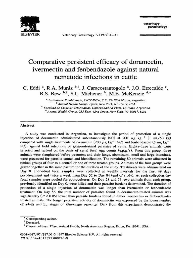 Comparative Persistent Efficacy of Doramectin, Ivermectin and ...