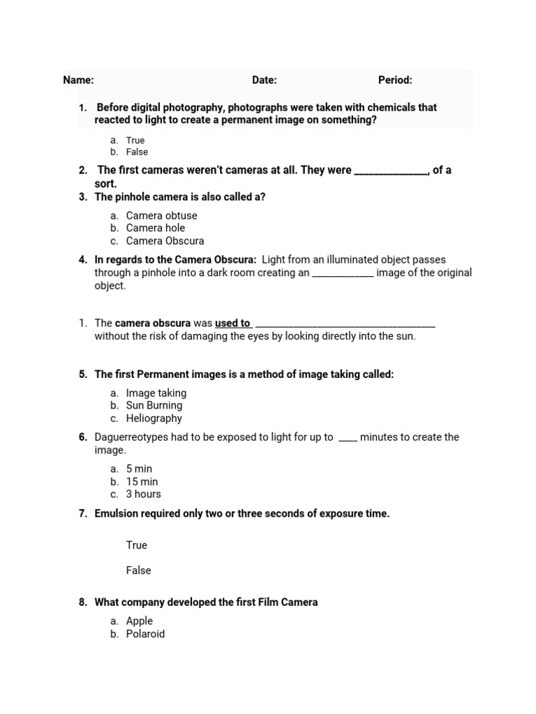 50 Multiple choice Photography Final | PDF | Camera | Shutter Speed
