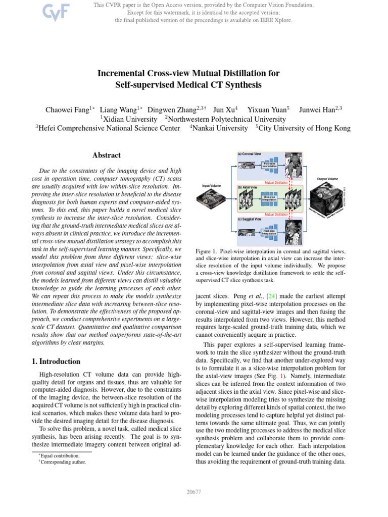 Fang Incremental Cross-View Mutual Distillation For Self-Supervised Medical CT Synthesis CVPR ...