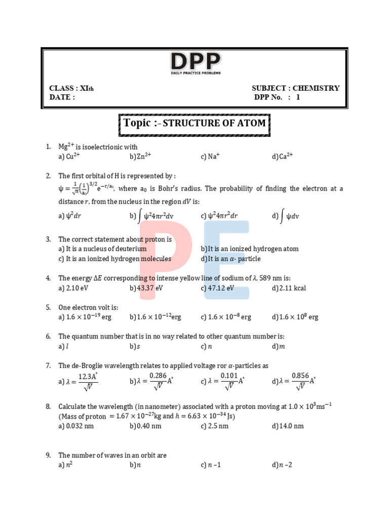 Chemistry DPP XI: Structure of Atom Quiz | PDF | Quantum Mechanics ...
