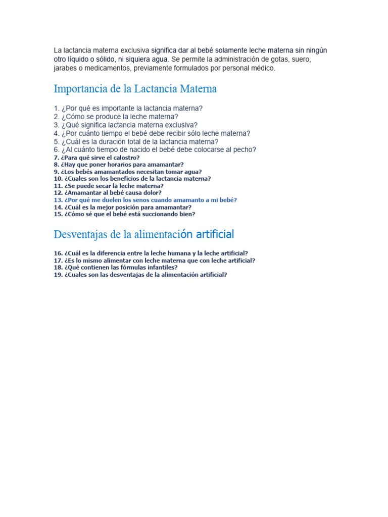 Beneficios de la Lactancia Materna Exclusiva | PDF