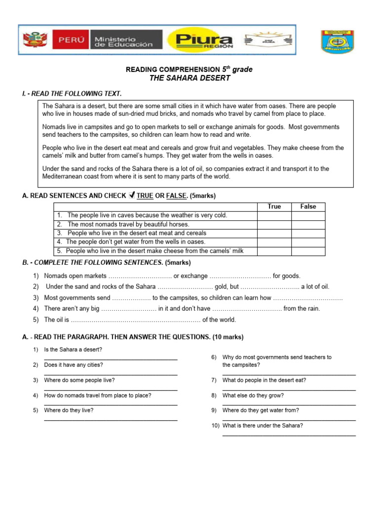 5th Grade Sahara Desert Quiz | PDF | Desert | Camel