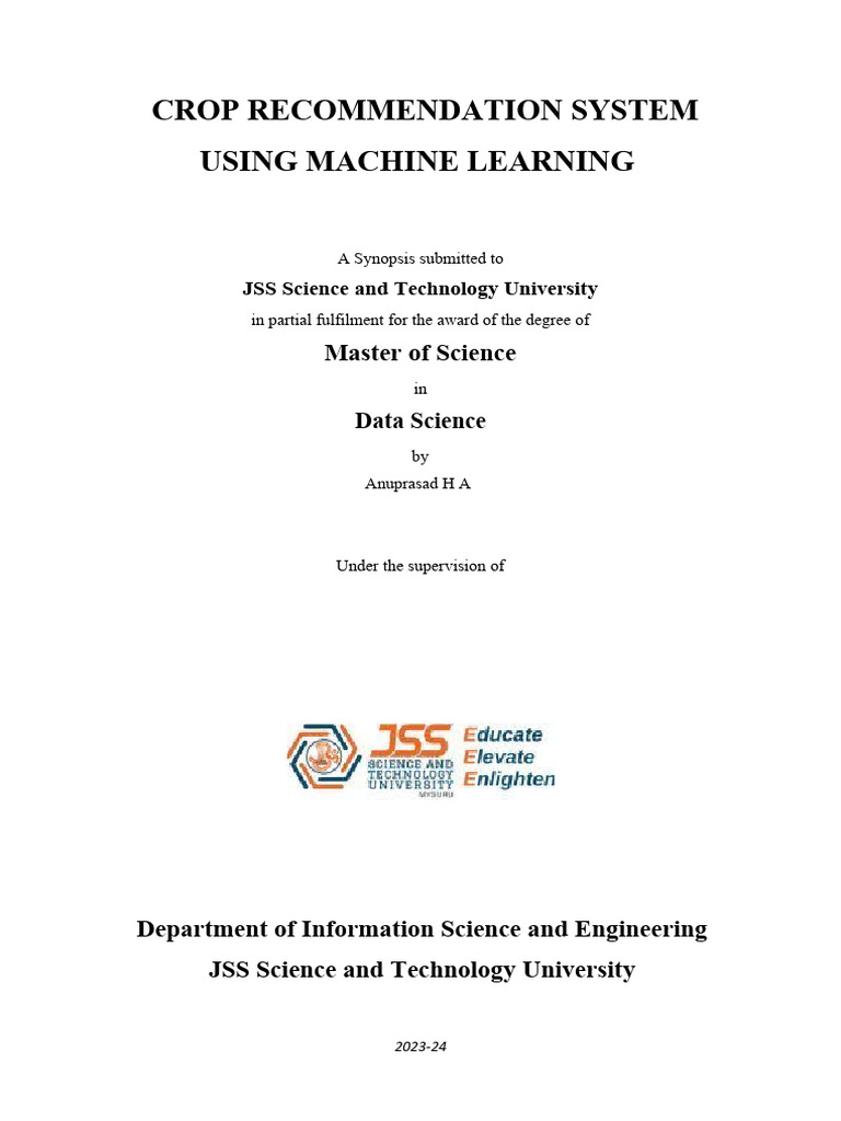 Crop Recommendation System Synapsis | PDF | Machine Learning | Agriculture