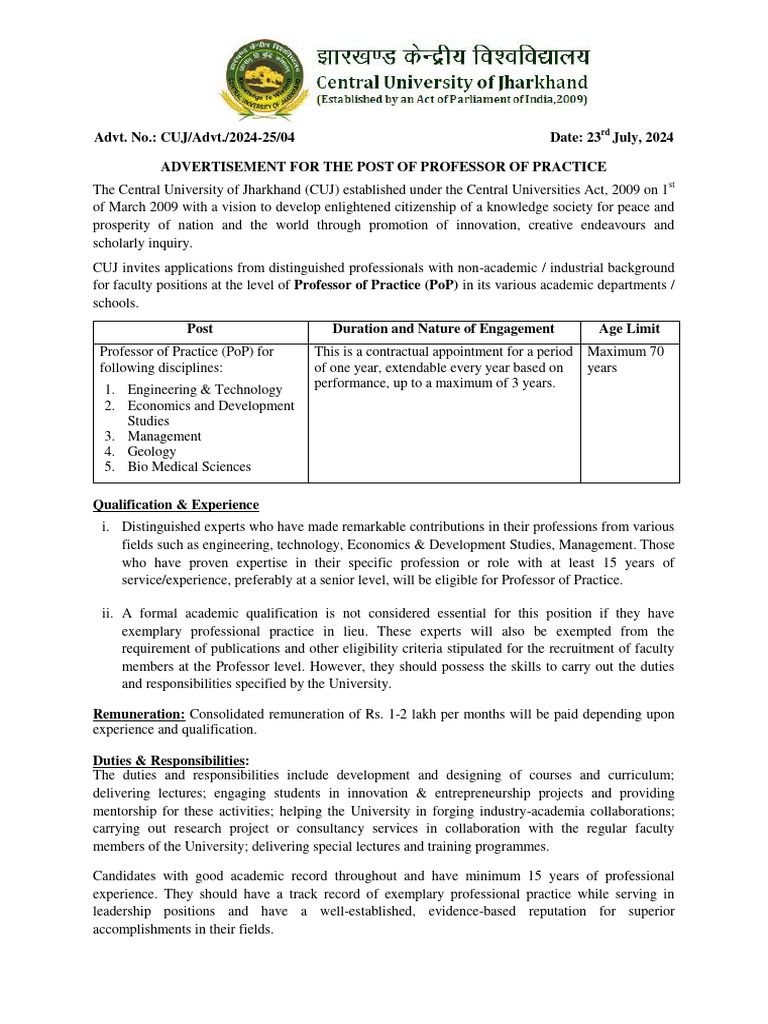 Advertisement For The Post of Professor of Practice | PDF | Professors ...
