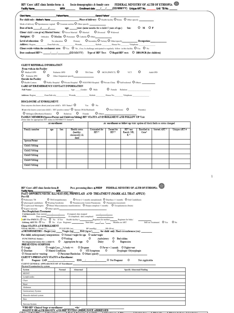 HIV Care - Intake Form A &B | PDF | Pregnancy | Clinical Medicine