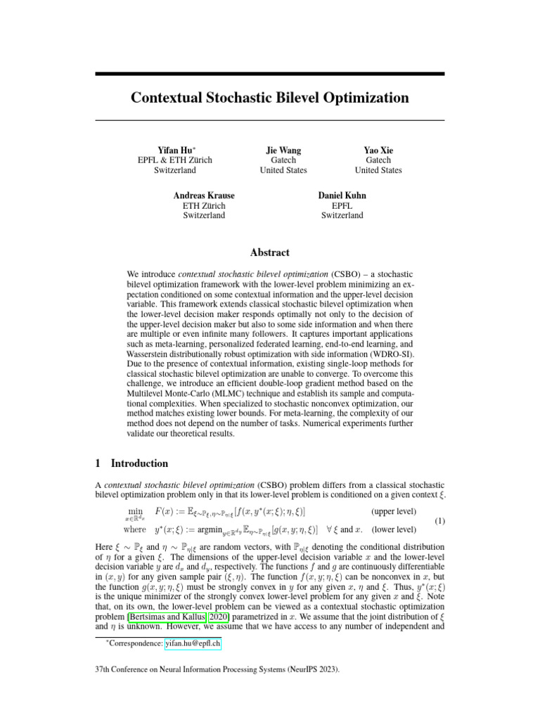 NeurIPS 2023 Contextual Stochastic Bilevel Optimization Paper ...
