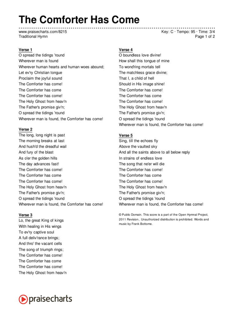 The Comforter Has Come (Traditional ... ) Chord Chart - C - 2 Column ...