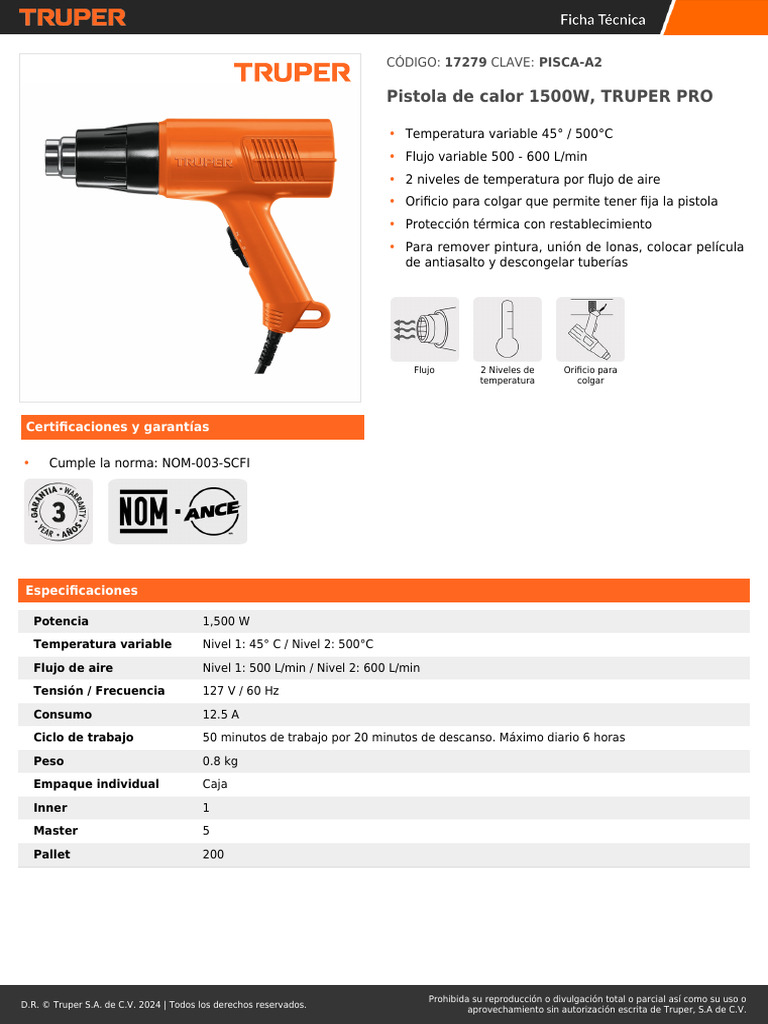 Pistola de Calor 1500W, TRUPER PRO: Código: 17279 Clave: Pisca-A2 | PDF | Cantidades fisicas
