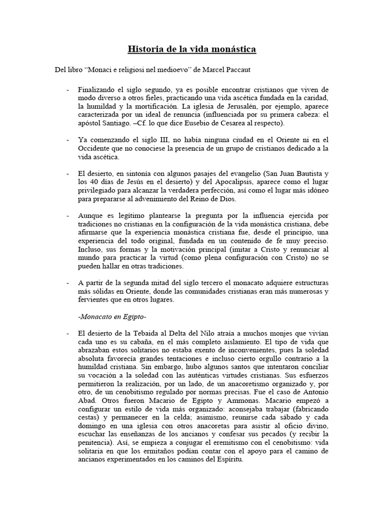 Historia de La Vida Monástica (Apuntes) | PDF | Monacato cristiano ...