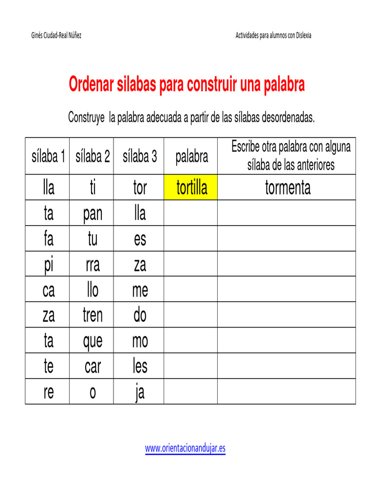 Ejercicios Ordenar Sílabas para Construir Una Palabra | PDF
