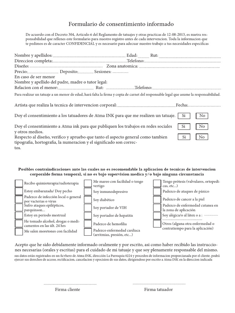 Ficha Consentimiento Atma INK | PDF | Tatuaje | Causas de la muerte