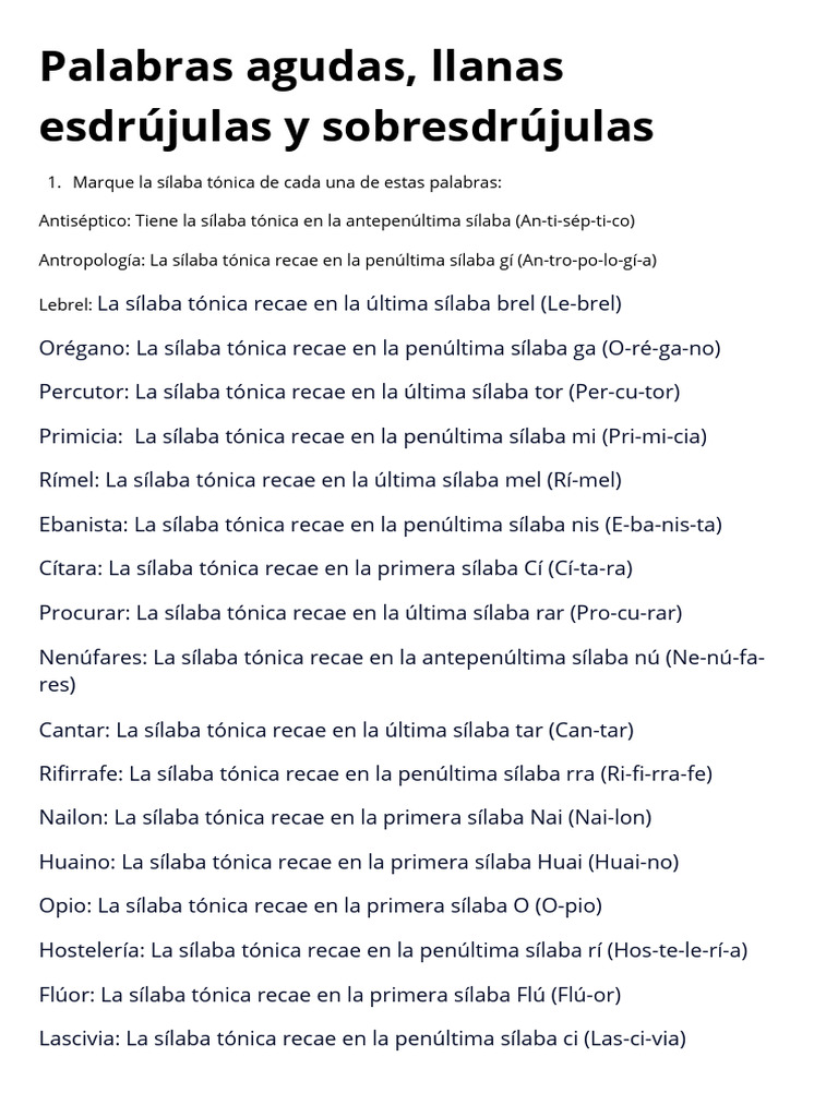 Palabras Agudas, Llanas Esdrújulas y Sobresdrújulas PDF | PDF ...