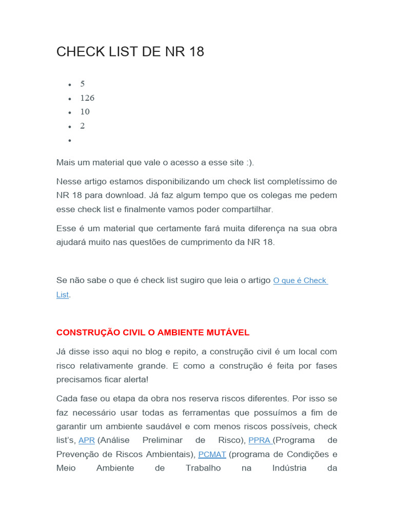 Check List de NR 18 | PDF