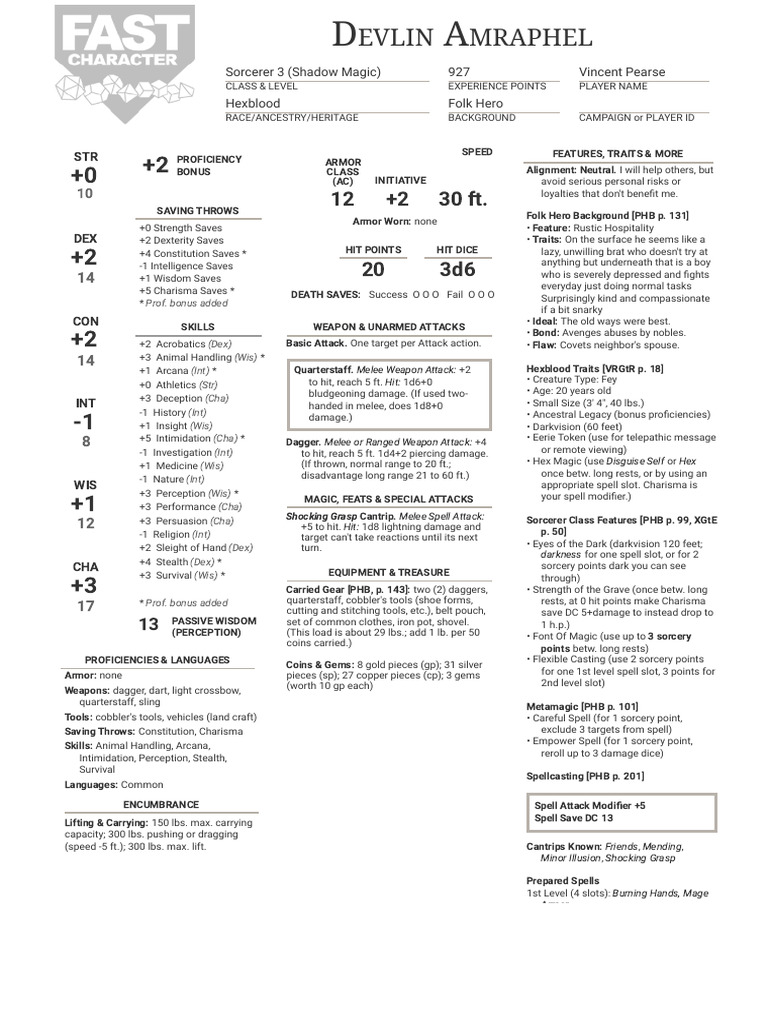 Fast Character - D&D Character Maker - Hexblood Sorcerer 3 (Shad | PDF ...