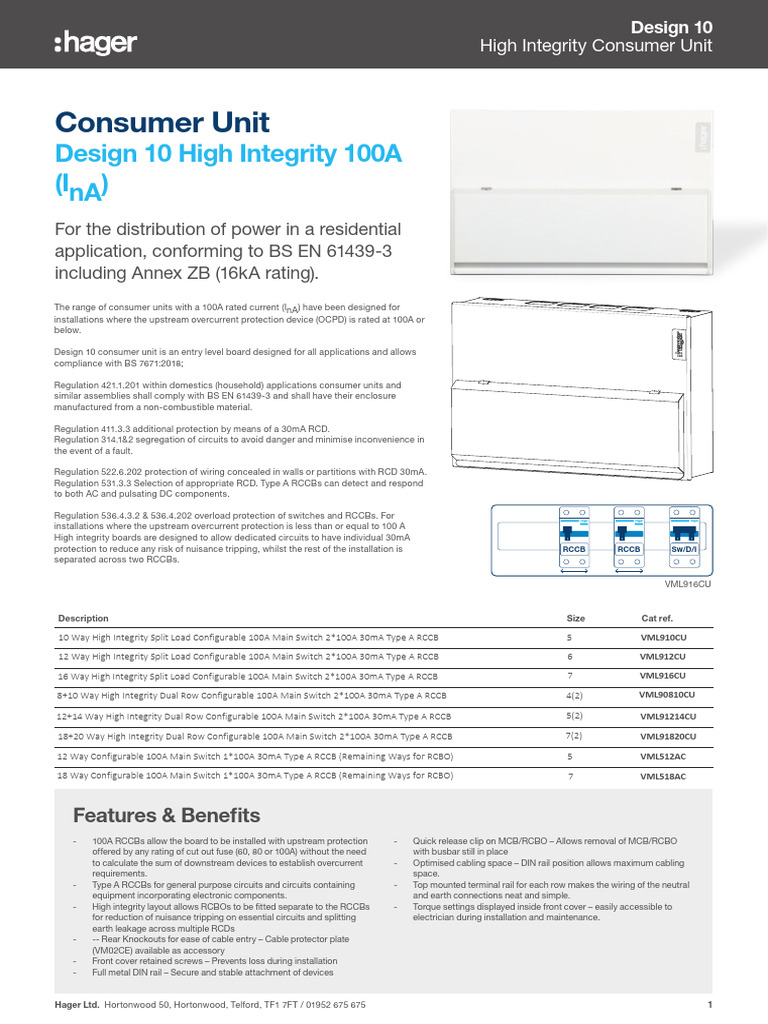 Hager Consumer Unit VML91820-data1 | PDF | Electromagnetism | Electronics