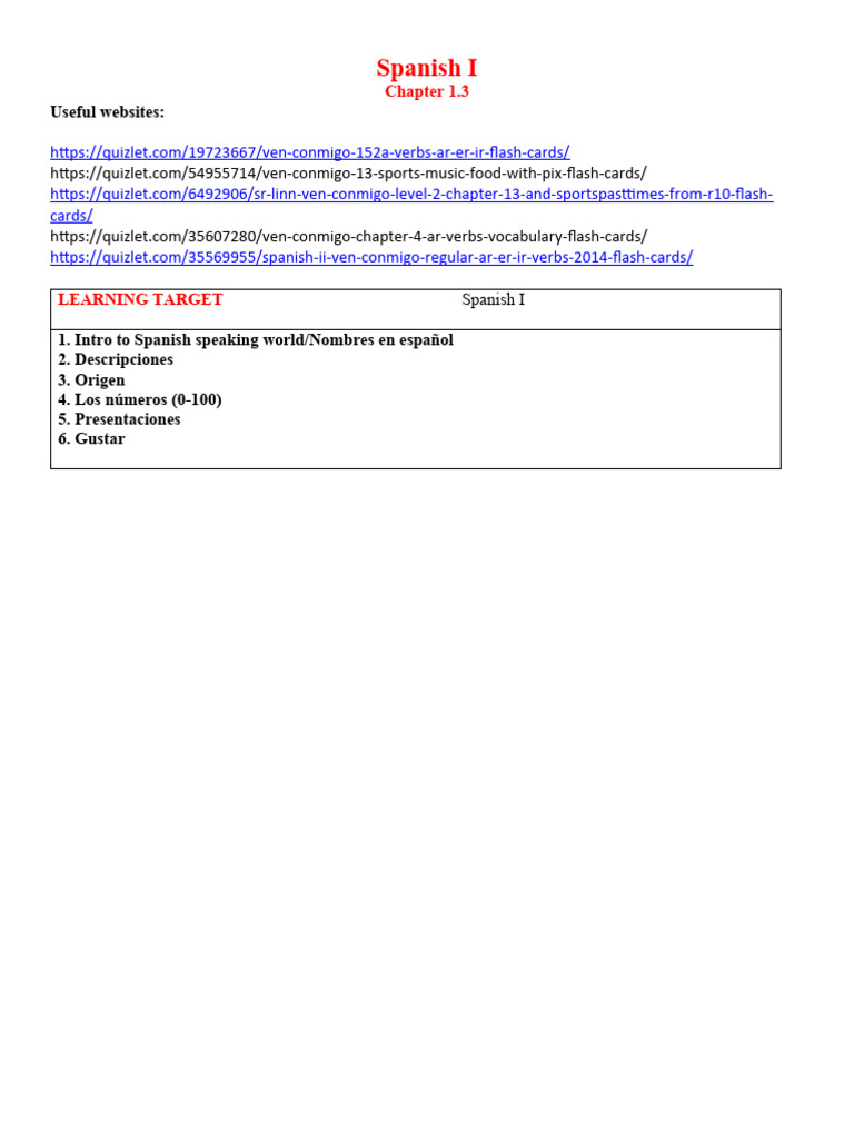 Spanish I Chapter 1.3 Overview | PDF | Grammatical Gender | Linguistics