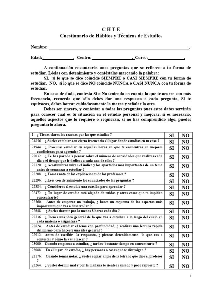 Cuestionario de Hábitos y Técnicas de Estudio | PDF