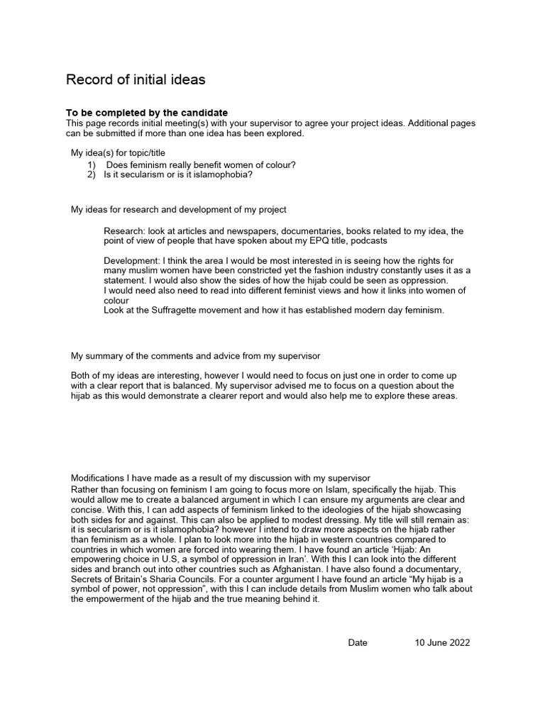 Initial Project Ideas on Hijab and Feminism | PDF | Hijab | Feminism