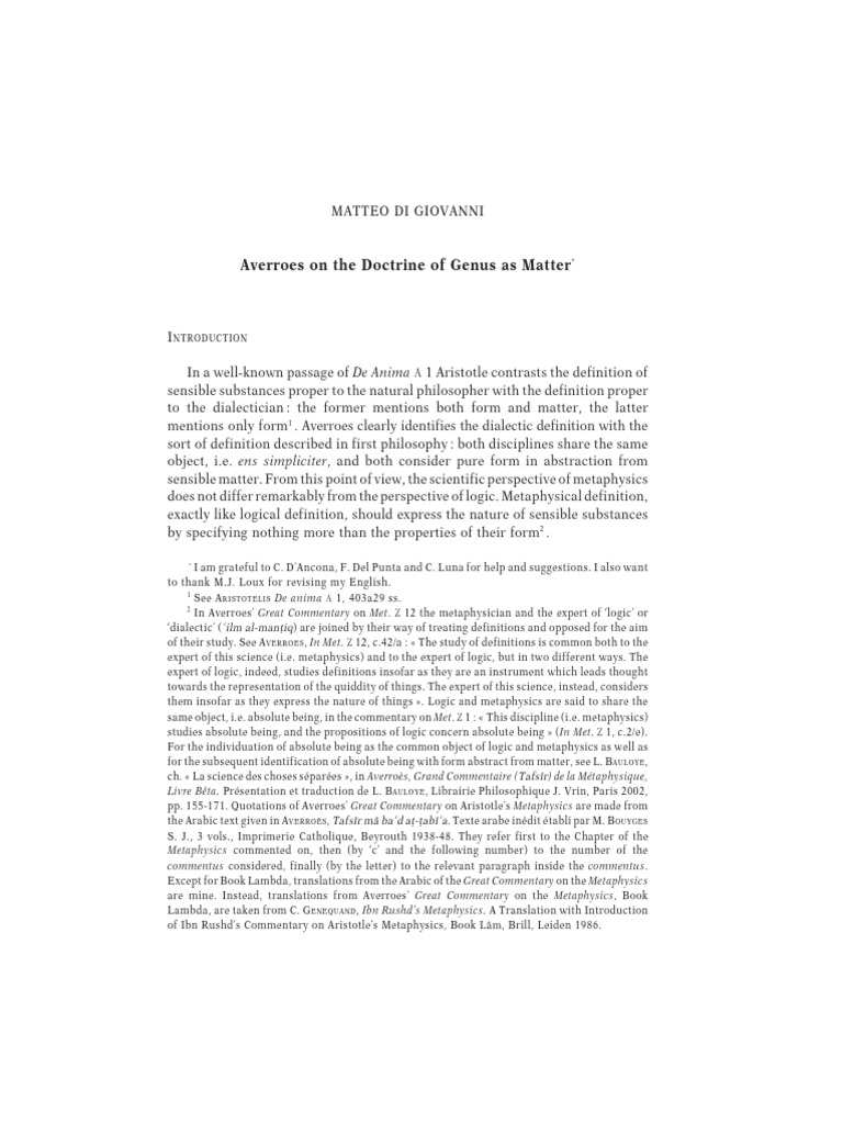 Averroes on Genus and Matter in Definition | PDF | Substance Theory ...