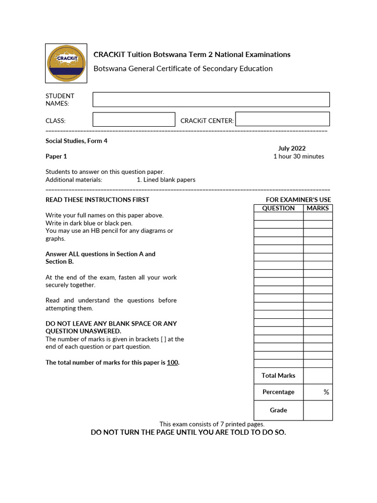 Bgcse Social Studies Paper 1 2022 July Exam Form 4 | PDF