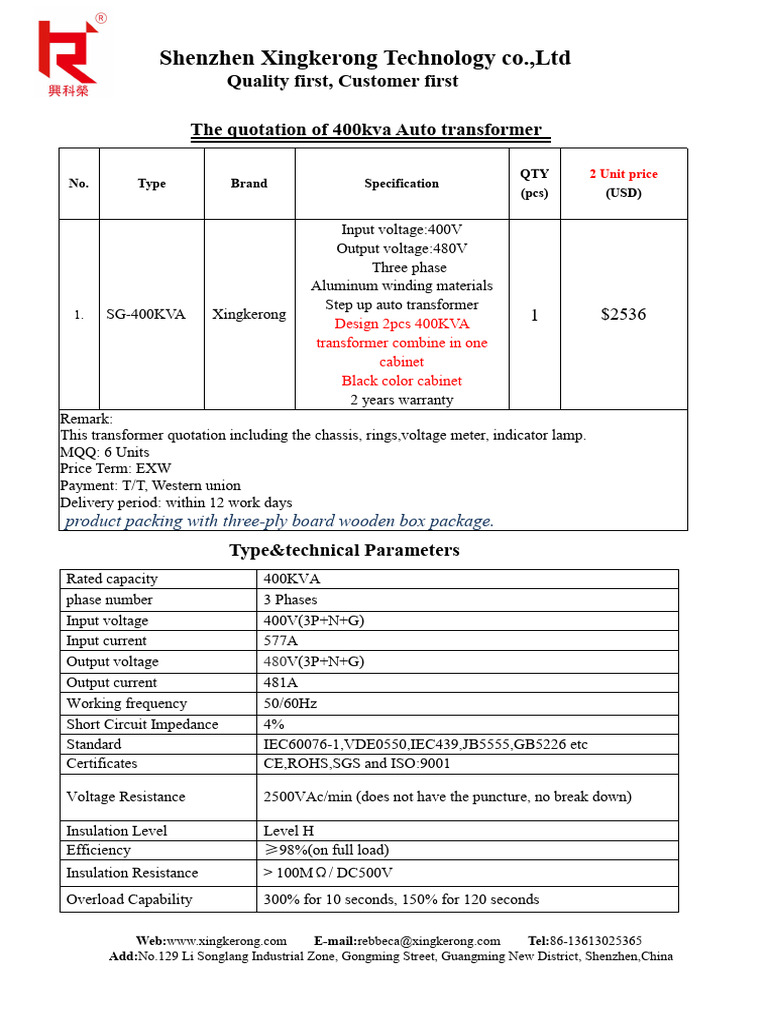 SG-400KVA Quotation From Xingkerong-400V To 480V | PDF | Transformer ...