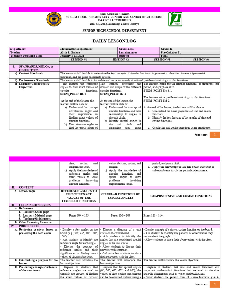 Grade 11 Pre-Calculus Lesson Plan | PDF | Trigonometric Functions ...