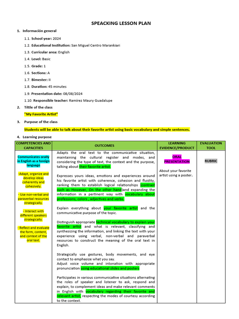 Lesson Plan - Speaking - Guadalupe | PDF | English Language | Nonverbal ...