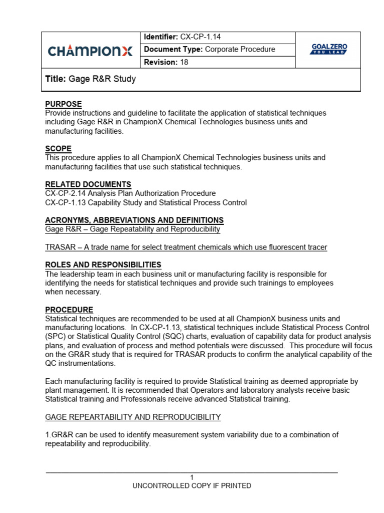 CX-CP-1.14 Gage Repeatability and Reproducibility Study | PDF ...
