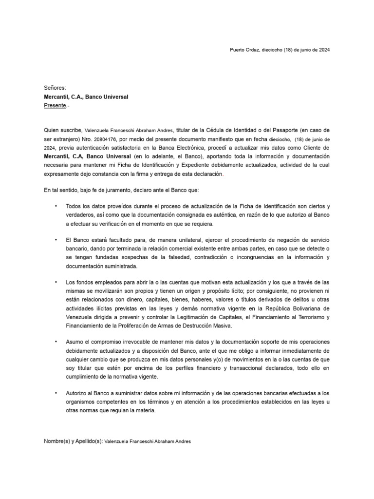 LC 131 Actualizacion de FIC Banca Electronica Declaracion Jurada Persona Natural 1803 | PDF ...