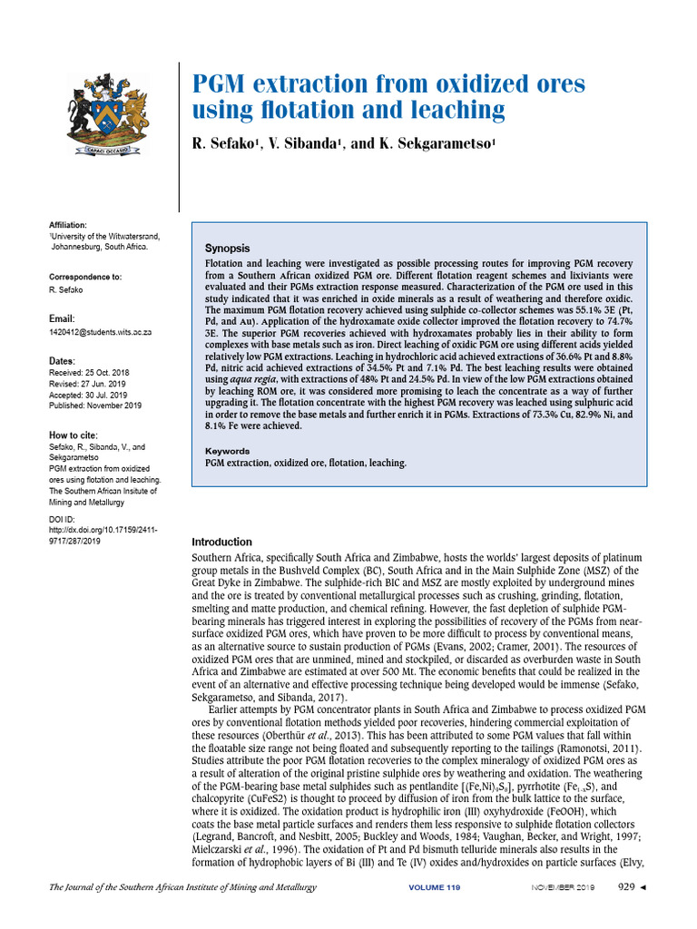 PGM Extraction From Oxidized Ores | PDF | Ore | Mining