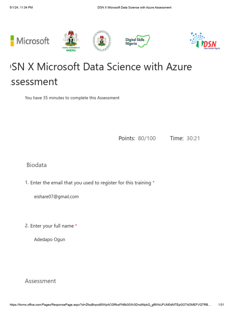 DSN X Microsoft Data Science with Azure Assessment | PDF | Machine Learning | Receiver Operating ...