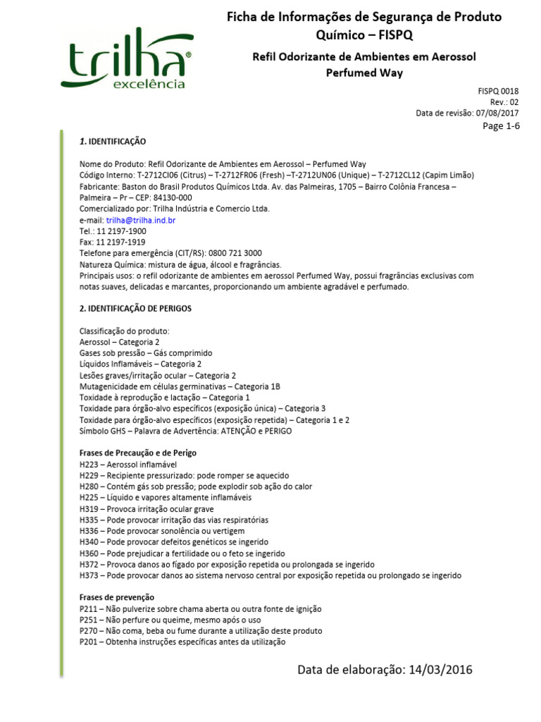 FISPQ Refil Odorizante Aerossol Perfumed Way | PDF | Embalagem e ...