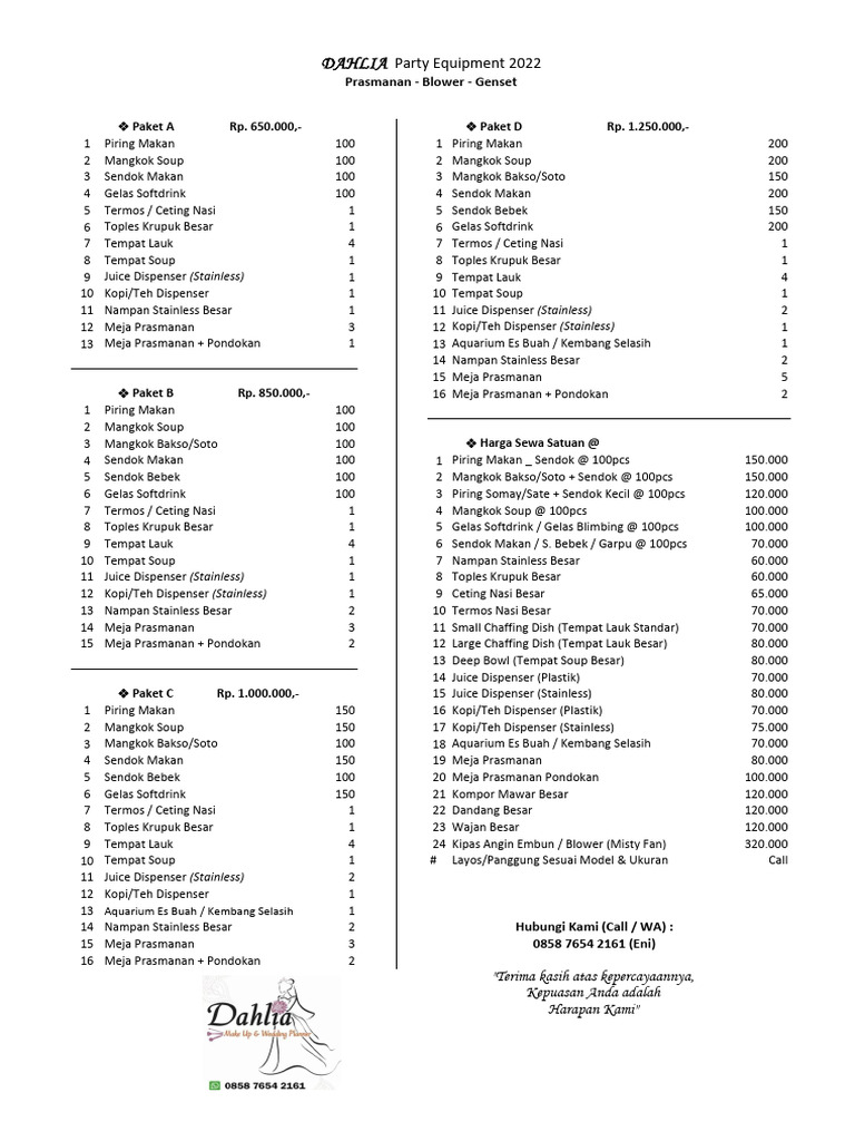 Dahlia - Pricelist Sewa Alat Pesta | PDF
